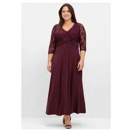 Abendkleid sheego "Abendkleid", Damen, Gr. 44, Normalgr&ouml;&szlig;en, rot (burgund), 95% Polyester, 5% Elasthan, Spitze:100% Polyamid, unifarben, lang, V-Ausschnitt, Kleider Abendkleid