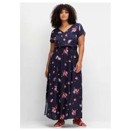 Maxikleid sheego "Maxikleid", Damen, Gr. 56, Normalgr&ouml;&szlig;en, blau (marine, gemustert), 100% Viskose, gebl&uuml;mt, gemustert, lang, V-Ausschnitt, Kleider Maxikleid