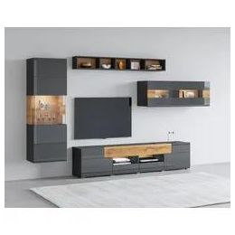 Wohnwand OTTO HOME "Toledo,Breite 391cm stilvolle Mediawand ohne Beleuchtung", schwarz (antrazit, antrazit, alteiche), B:261cm, ABS-Kunststoff, Glas, MDF, Melamin, Metall, Kastenm&ouml;bel-Sets, Wohnwand, Anbauwand (2xH&auml;ngevitrine,Lowboard,H&auml;ngeregal)MDF Hochglanzfronten