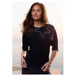 Rundhalsshirt Lascana "mit Sternendesign aus funkelnden Pailletten", Damen, Gr. 32/34, schwarz, Strick, Obermaterial: 80% Viskose (LENZINGTM ECOVEROTM), 20% Nylon, Glitzermuster, bequem, Rundhals, Shirts Rundhalsshirt, aus weichem Viskose-Strick