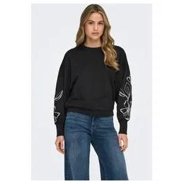 Sweatshirt Only "ONLBROOKE L/S O-NECK FLOWER SWT", Damen, Gr. XS, schwarz print:magnolia flower sleeve puff, Sweatware, Obermaterial: 60% Baumwolle, 40% Polyester, regular fit normal, Rundhals, Rippb&uuml;ndchen, Sweatshirts Sweatshirt, Baumwollmischung, regular fit