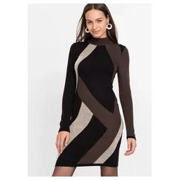 Strickkleid bonprix, Damen, Gr. 44/46 (L), N-Gr, schwarz (schwarz, braun graphisch), Obermaterial: 100% Polyacryl, eng, Kleider Strickkleid, aus Polyacryl, eng anliegende Passform, mit Jacquard-Muster