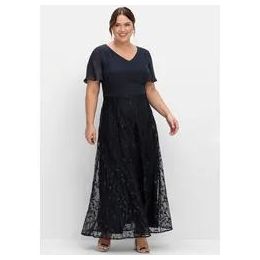 Abendkleid sheego "Abendkleid", Damen, Gr. 50, Normalgr&ouml;&szlig;en, tiefblau, 100% Polyester, Spitze:100% Polyester, unifarben, lang, V-Ausschnitt, Kleider Abendkleid