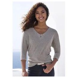 3/4-Arm-Shirt Lascana "mit Strassknopf in Bl&uuml;tenform", Damen, Gr. 32/34, grau (silbergrau), Strick, Obermaterial: 77% Viskose (LENZINGTM ECOVEROTM), 23% Polyester, Strukturmuster, unifarben, bequem, V-Ausschnitt, Shirts 3/4-Arm-Shirt, aus leichtem Feinstrick in Melange Optik, Topseller