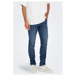 Only & Sons Slim-fit-Jeans ONLY & SONS "ONSLOOM SLIM 5748 EY BOX JEANS MU", Herren, Gr. 28, L&auml;nge 32, medium blau denim, Denim/Jeans, Obermaterial: 65% Baumwolle, 18% Polyester, 15% Viskose, 2% Elasthan, Abriebeffekte, slim fit lang, Jeans Slim-fit-Jeans, Baumwollmischung, slim fit