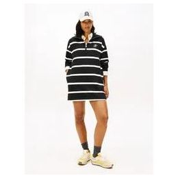 Minikleid Tommy Hilfiger "TH SCRIPT 1/2 ZIP TERRY DRESS", Damen, Gr. XXXL(46), N-Gr, schwarz, calico stp, Jersey, Obermaterial: 83% Baumwolle, 13% Polyester, 4% Elasthan, gestreift, Kleider Minikleid