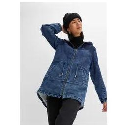 Parka bonprix, Damen, Gr. 36, blau (dunkelblau denim), Obermaterial: 92% Baumwolle, 7% Polyester, 1% Elasthan. Futter: 100% Polyester. &Auml;rmelfutter: 100% Polyester, overdyed, loose fit, B&uuml;ndchen, Jacken Parka, l&auml;ssiger Jeans-Look, mit flauschigem Teddyfell-Futter, mit Kapuze