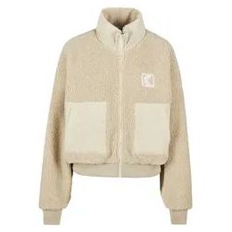 Bomberjacke Karl Kani "Karl Kani OG Crop Teddy Bomber Jacket", Damen, Gr. XL, sand, 100% Polyester, mehrfarbig, oversize, hoch geschlossener Ausschnitt, Jacken Bomberjacke