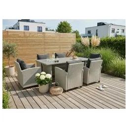 Garten-Essgruppe Konifera "Amsterdam", grau, Polyrattan, Stahl, Sitzm&ouml;bel-Sets, bestehend aus 6 Sesseln, 12 Sitz- und R&uuml;ckenkissen und 1 Tisch