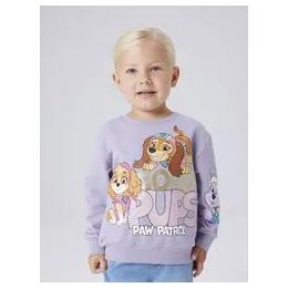 Sweatshirt name it "NMFJARA PAW NREG SWEAT BRU NOOS CPLG", M&auml;dchen, Gr. 104, lavender gray, angeraute Sweatware, Obermaterial: 95% Baumwolle, 5% Elasthan, bedruckt, unifarben, Basic normal, Rundhals, Rippb&uuml;ndchen, Sweatshirts Sweatshirt