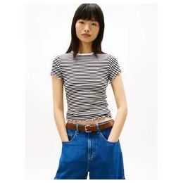 Tommy Hilfiger T-Shirt TOMMY JEANS "TJW SLIM LETTUCE EDGE RIB SS", Damen, Gr. S (36), schwarz, ecru stripe, Single Jersey, Obermaterial: 95% Baumwolle, 5% Elasthan, gestreift, slim fit, V-Ausschnitt, Shirts T-Shirt, mit gerippter Struktur