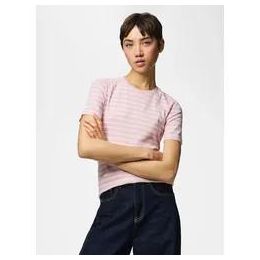 Kurzarmshirt Pieces "PCRUKA SS TOP JRS NOOS BC", Damen, Gr. S, roseate spoonbill stripes:new cloud dancer, Jersey, Obermaterial: 95% Baumwolle, 5% Elasthan, gestreift, slim fit normal, Rundhals, Shirts, mit gerippter Struktur