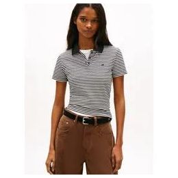 Tommy Hilfiger Poloshirt TOMMY JEANS "TJW SLIM ESSENTIAL POLO SHORT SLEEVE", Damen, Gr. XS (34), schwarz, ecru stripe, Piqu&eacute;, Obermaterial: 97% Baumwolle, 3% Elasthan, gestreift, slim fit h&uuml;ftlang, V-Ausschnitt, abgesteppte Kante, Shirts, mit Logostickerei, Piqu&eacute;