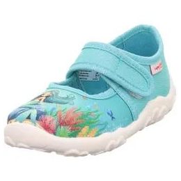 Hausschuh Superfit "BONNY WMS: mittel", M&auml;dchen, Gr. 25, t&uuml;rkis, Baumwolle, bedruckt, Schuhe Hausschuh, Klettschuh, mit Klettverschluss, Gr&ouml;&szlig;enschablone zum Download