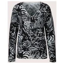 Madeleine Mode Longpullover MADELEINE "Druckpullover V-Pullover mit Unikat-Print", Damen, Gr. 44/46, schwarz (schwarz, steingrau), Obermaterial: 100% Schurwolle WV., Modern, normal, V-Ausschnitt, Pullover Longpullover