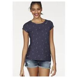 T-Shirt Ragwear "FLORAH A ORGANIC O", Damen, Gr. XS (34), blau (navy 2028), Single Jersey, Obermaterial: 70% Baumwolle, 30% Polyester, bedruckt, gemustert, kontrastfarbene Details, mehrfarbig, figurbetont normal, Rundhals, Shirts T-Shirt, mit maritimen Anker-Allover-Druck
