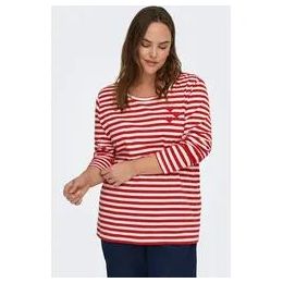 Langarmshirt Only CARMAKOMA "CARBODIL L/S O-NECK BLOUSE JRS", Damen, Gr. S, barbados cherry stripes:cloud dancer, with emb. hearts, Jersey, Obermaterial: 63% Polyester, 33% Baumwolle, 4% Elasthan, gestreift, regular fit normal, Rundhals, Shirts Langarmshirt, Materialmix, regular fit