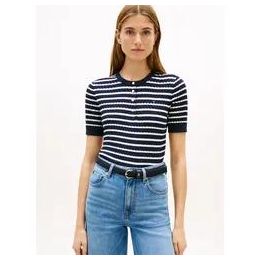 Strickpullover Tommy Hilfiger "CO CABLE FINE GG SS HENLEY", Damen, Gr. XS (34), schwarz night navy, ivory petal stp, Strick, Obermaterial: 100% Baumwolle, gestreift, bequem normal, Rundhals, Pullover Strickpullover, mit Zopfmuster