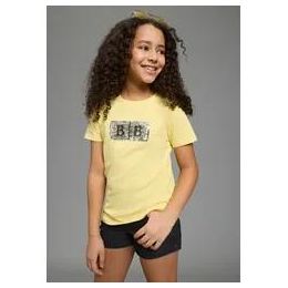 T-Shirt Bruno Banani "Banani Paillettenshirt f&uuml;r modische Girls", M&auml;dchen, Gr. 128/134, gelb, Single Jersey, Obermaterial: 95% Baumwolle, 5% Elasthan, bedruckt, unifarben, Basic, Rundhals, Shirts T-Shirt, modische Basic-Passform, Kurzarm, mit Pailletten und Print