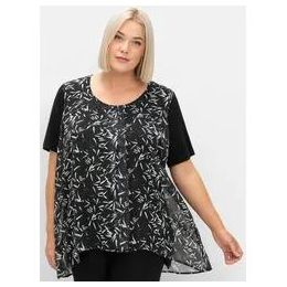 Blusenshirt sheego "Blusenshirt", Damen, Gr. 50, schwarz, wei&szlig;, gemustert, 95% Viskose, 5% Elasthan, Webware:100% Polyester, gebl&uuml;mt, gemustert, mehrfarbig, Rundhals, Shirts Blusenshirt