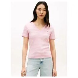 T-Shirt Tommy Hilfiger "SLIM CODY V-NECK SHORT SLEEVE", Damen, Gr. M (40), fine stp bon. pink, ecru, Jersey, Obermaterial: 100% Baumwolle, gestreift, schmal normal, tiefer V-Ausschnitt, abgesteppte Kante, Shirts T-Shirt, aus Baumwolle, Logostickerei, gestreift