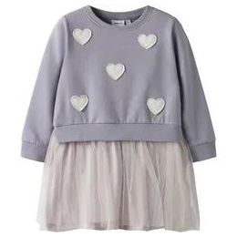 Minikleid name it "NMFBIANJA SWEAT DRESS BRU", M&auml;dchen, Gr. 116, N-Gr, lavender gray, angeraute Sweatware;T&uuml;ll, Obermaterial: 95% Baumwolle, 5% Elasthan, bestickt, unifarben, normal, Rundhals, Rippb&uuml;ndchen, Kleider Minikleid