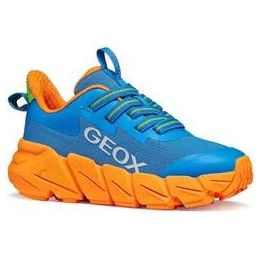 Sneaker Geox "J FLEXYPER FAST BOY", M&auml;dchen, Gr. 36, hellblau, orange, Lederimitat, Textil, Mesh, kontrastfarbene Details, Schuhe Sneaker, Slipper mit auff&auml;lliger Laufsohle, Gr&ouml;&szlig;enschablone zum Download