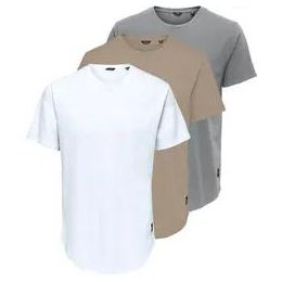 Only & Sons Rundhalsshirt ONLY & SONS "ONSMATT LONGY SS TEE 3-PACK", Herren, Gr. M, hellwei&szlig; pack:1brightwei&szlig;1crockery1ultimategray, Single Jersey, Obermaterial: 100% Baumwolle, unifarben, relaxed fit normal, Rundhals, Shirts Rundhalsshirt, Baumwolle, lang geschnitten