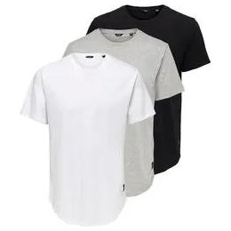Only & Sons Rundhalsshirt ONLY & SONS "ONSMATT LONGY SS TEE 3-PACK", Herren, Gr. XXL, hellwei&szlig; pack:1hellwei&szlig; 1schwarz 1lgm, Single Jersey, Obermaterial: 100% Baumwolle, unifarben, relaxed fit normal, Rundhals, Shirts Rundhalsshirt, Baumwolle, lang geschnitten