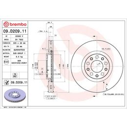 Brembo Bremsscheibe COATED DISC LINE 09.D209.11 vorne rechts links bel&uuml;ftet 305mm f&uuml;r ALFA ROMEO JEEP FIAT (GAC FCA) 53376436 52056675 53409035