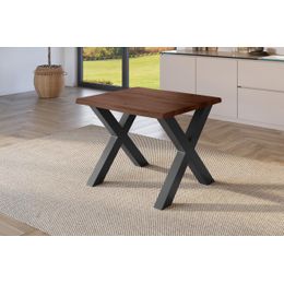 Esstisch 80x80 cm Baumkante Holz Nussbaum-Optik X-Gestell Metall schwarz JULIUS