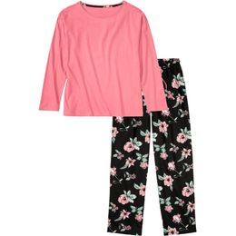 Pyjama bonprix, Damen, Gr. 52/54 (XXL), lila (beerensorbet, schwarz gebl&uuml;mt), Obermaterial: 100% Baumwolle, bedruckt, Basic lang, Rundhals, Homewear-Sets Pyjama, bequeme Passform, aus Baumwolle