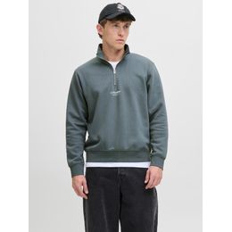 Jack & Jones Sweatshirt JACK & JONES "JJESOHO SWEAT QUARTER ZIP HN NOOS", Herren, Gr. L, stormy weather, angeraute Sweatware, Obermaterial: 80% Baumwolle, 20% Polyester, bedruckt, relaxed fit h&uuml;ftlang, hoch geschlossener Ausschnitt, Rippb&uuml;ndchen, Sweatshirts Sweatshirt, Baumwollmischung, relaxed fit