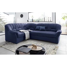 Ecksofa DOMO collection "Bahia, zeitlos und elegant, bequeme Armlehnen, L-Form", blau (dunkelblau), B:256cm H:91cm T:200cm, Luxus-Microfaser (100% Polyester), mit Muster;Struktur (100% Polyester), Sofas, Ecksofa, wahlweise mit Bettfunktion