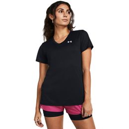 Trainingsshirt Under Armour "TECH SSV- SOLID", Damen, Gr. XL, schwarz, Obermaterial: 100% Polyester, normal, V-Ausschnitt, Shirts, normale Schnittform, gerader Rumpfabschluss, V-Ausschnitt