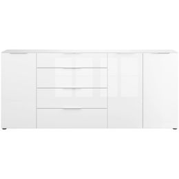 Sideboard MANJANA M&Ouml;BEL "Style", wei&szlig; matt, wei&szlig;glas, metall chrom, B:225cm H:98,7cm T:40cm, Glas, Metall, Sicherheitsglas ESG, Spanplatte, Sideboards, Sideboard, mit Glasfronten, mit Metallgriffen, melaminbeschichtet