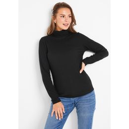 Rollkragenshirt bonprix, Damen, Gr. 36/38 (S), schwarz, Rippware, Obermaterial: 95% Polyester, 5% Elasthan, unifarben, schmal normal, ohne Ausschnitt, Shirts, schmale Passform, Rippstruktur, unifarbenes Obermaterial