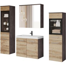 Badm&ouml;bel-Set Welltime "MADRIT II, Schrank mit Waschbecken, 2 H&auml;nger, Spiegelschrank", grau (matera anthrazit, kastanien breslau), B:120,4cm H:131,5cm T:34,5cm, Holzwerkstoff, Kastenm&ouml;bel-Sets, Badm&ouml;bel-Set, H&auml;ngende Badm&ouml;bel mit Glaseins&auml;tzen &ndash; in vielen Farben erh&auml;ltlich
