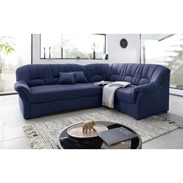 Ecksofa DOMO collection "Bahia, zeitlos und elegant, bequeme Armlehnen, L-Form", blau (dunkelblau), B:256cm H:91cm T:200cm, Luxus-Microfaser (100% Polyester), mit Muster;Struktur (100% Polyester), Sofas, Ecksofa, wahlweise mit Bettfunktion