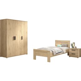 Jugendzimmer-Set Vipack "SAM - Bett, Nachtkonsole, Kleiderschrank 3-trg., gradliniges Design", eiche dekor, ohne Matratze, B/H: 90cm x 200cm, Schlafzimmerm&ouml;bel-Sets