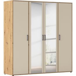 Dreht&uuml;renschrank Rauch "Kleiderschrank Schrank Garderobe W&auml;scheschrank VOYAGER", beige (champagner), eiche artisan, B:187cm H:194cm T:53cm, Holzwerkstoff, Schr&auml;nke, Dreht&uuml;renschrank, mit modernen Griffen in Graumetallic und Spiegel