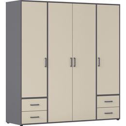 Dreht&uuml;renschrank Rauch "Kleiderschrank Schrank Garderobe W&auml;scheschrank VOYAGER", beige (champagner), graumetallic, griffe graumetallic, B:187cm H:194cm T:53cm, Holzwerkstoff, Schr&auml;nke, Dreht&uuml;renschrank, mit 2 modernen Griffvarianten, mit Au&szlig;enschubladen MADE IN GERMANY