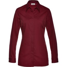 Langarmbluse bonprix "Long-Stretch-Bluse", Damen, Gr. 52, rot (ahornrot), Obermaterial: 72% Baumwolle, 26% Polyamid, 2% Elasthan, festlich, loose fit, Blusen, lockere Passform, mit Stehkragen, mit verdeckter Knopfleiste
