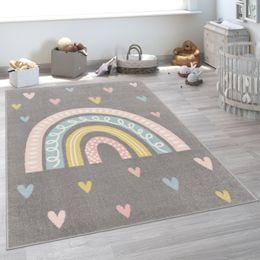Kinderteppich Paco Home "Nino 887", grau, B:160cm H:13mm L:220cm, Polypropylen, Teppiche, Kinderteppich, Kurzflor, Spielteppich, Motiv Regenbogen & Herzen, Kinderzimmer