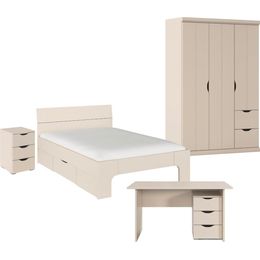 Jugendzimmer-Set Rauch "Kinderzimmer Komplettzimmer Schlafzimmer-Set (4-tlg.) MARLENE", beige (beige (champagner)), Schrank 3-trg. - Ausstattung PREMIUM + ohne Matratze, B/H: 140cm x 200cm, Schrank 3-trg. - Ausstattung PREMIUM, Holzwerkstoff, Schlafzimmerm&ouml;bel-Sets, erh&auml;ltlich in verschiedenen Bett- und Schrank-Breiten MADE IN GERMANY