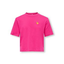 T-Shirt KIDS Only "KOGREX S/S PRINTED TOP JRS", M&auml;dchen, Gr. 122/128, pink yarrow print:orange, Jersey, Obermaterial: 100% Baumwolle, unifarben, regular fit taillenlang, Rundhals, Shirts T-Shirt, mit s&uuml;&szlig;em Brustmotiv