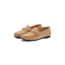 Loafer Tommy Hilfiger "TH CHAIN SUEDE LOAFER", Damen, Gr. 41, safari, Veloursleder, unifarben, Basic, Schuhe Loafer, Slipper, Businessschuh, Schlupfschuh mit goldfarbener Zierkette