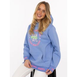 Hoodie Zwillingsherz "Always Positive", Damen, Gr. S/M, mittelblau, Sweatware, Obermaterial: 50% Baumwolle, 50% Polyester, normal normal, ohne Ausschnitt, angesetztes B&uuml;ndchen, Sweatshirts Hoodie, Kapuze, Stickerei, Fronttasche, B&uuml;ndchen-Schriftzug, Langarm
