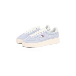 Plateausneaker Tommy Jeans "THE GREENWICH EDGE MAX SUEDE", Damen, Gr. 39, hellblau, Veloursleder, kontrastfarbene Details, Schuhe Plateausneaker, Freizeitschuh, Halbschuh, Schn&uuml;rschuh mit seitlicher Logoflagge