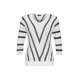 Rundhalspullover GOLDNER "Kurzgr&ouml;&szlig;e Ajourpullover mit Streifenmuster", Damen, Gr. 20, wei&szlig; (wei&szlig;, marine, gemustert), Obermaterial: 50% Baumwolle CO. 50% Polyacryl PAN., gerade, V-Ausschnitt, Pullover Rundhalspullover, modischer Ajourstrick mit Sperrstreifen